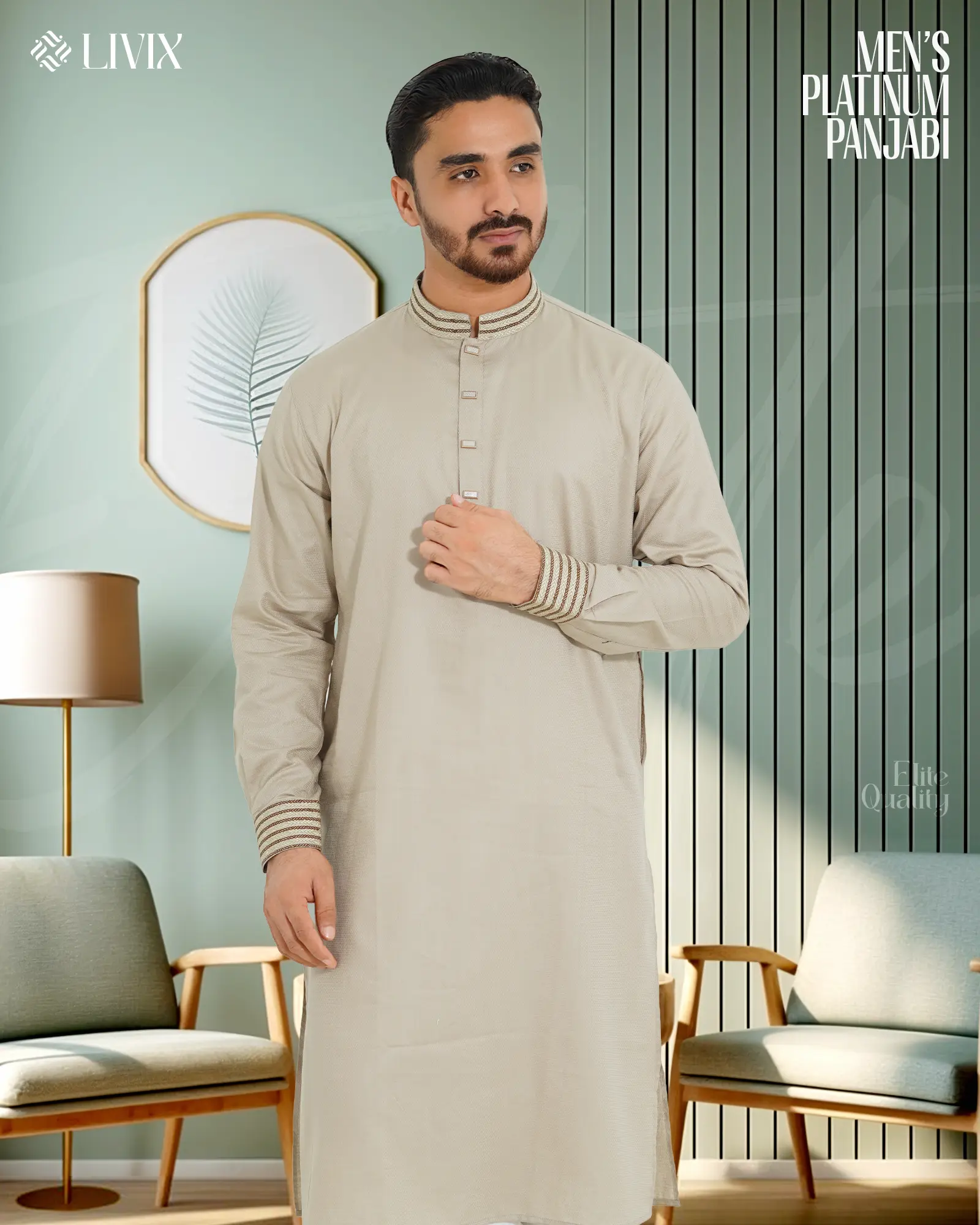 Embroidered Platinum Panjabi – Golden | livixbd.com